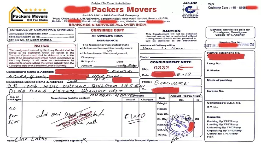 Packers And Movers Bill For Claim Gst Approved